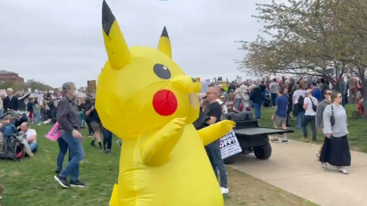 WATCH | Giant Pikachu steals the show at anti-Trump ‘Hands Off’ protest ...