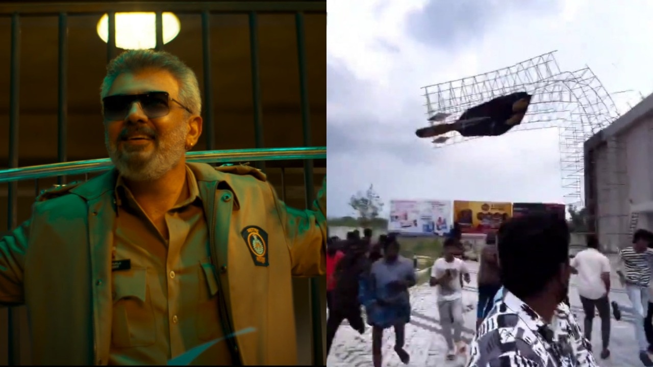 Ajith Kumar's huge cut-out collapses causing panic among fans. Viral Video