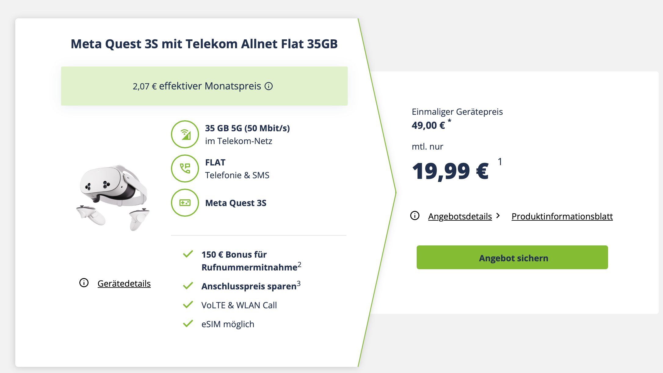 VR-Brille Meta Quest 3S & Telekom-Tarif für 20 Euro im Monat