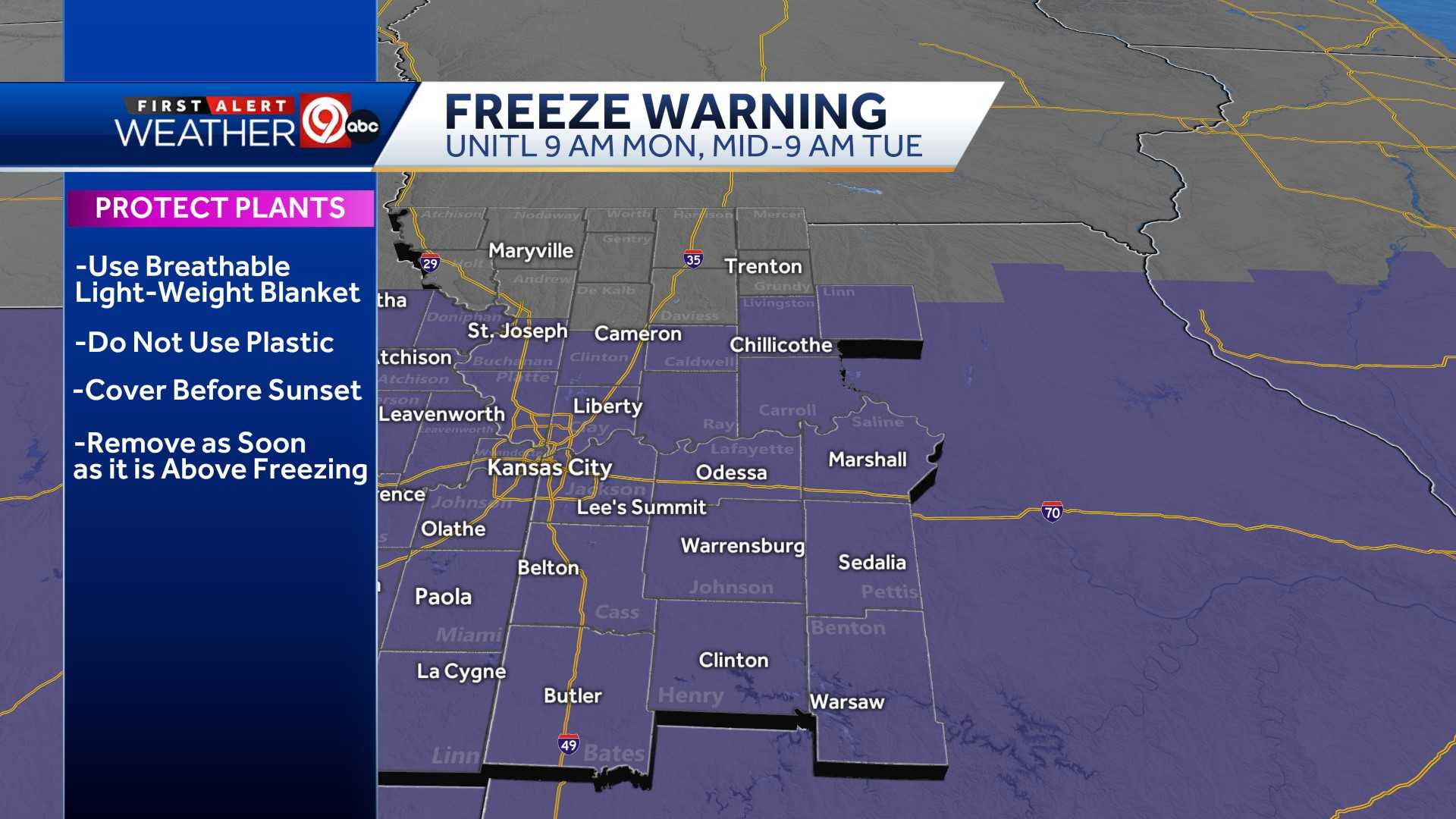 WEATHER BLOG: Freeze warnings Monday, Tuesday before rain chances later ...