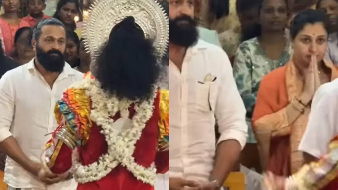 Rishab Shetty and wife Pragathi Shetty attend Daiva Nema rituals in Mangaluru amid ‘Kantara ...