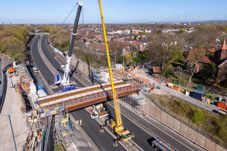 New images showcase £23m M67 bridge works as eight steel beams lifted ...
