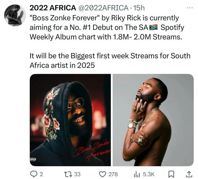 Riky Rick's 'Boss Zonke Forever' reigns supreme on SA music charts
