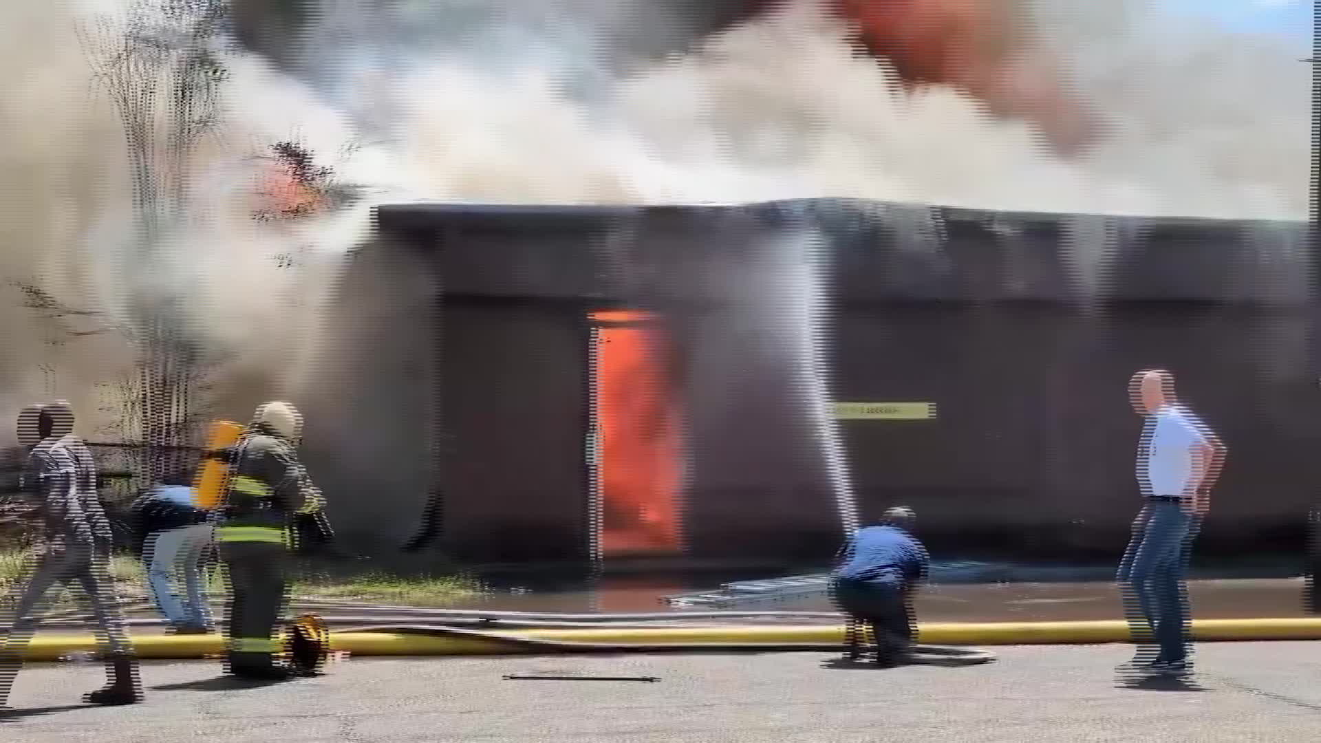 Emergency personnel on the scene of a large structure fire in Ferriday