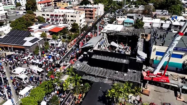 Drone view shows collapsed roof of Jet Set nightclub in DR