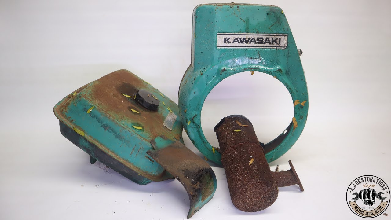 Vintage 4 KW Kawasaki Cowling, Exhaust, and Fuel Tank Restoration