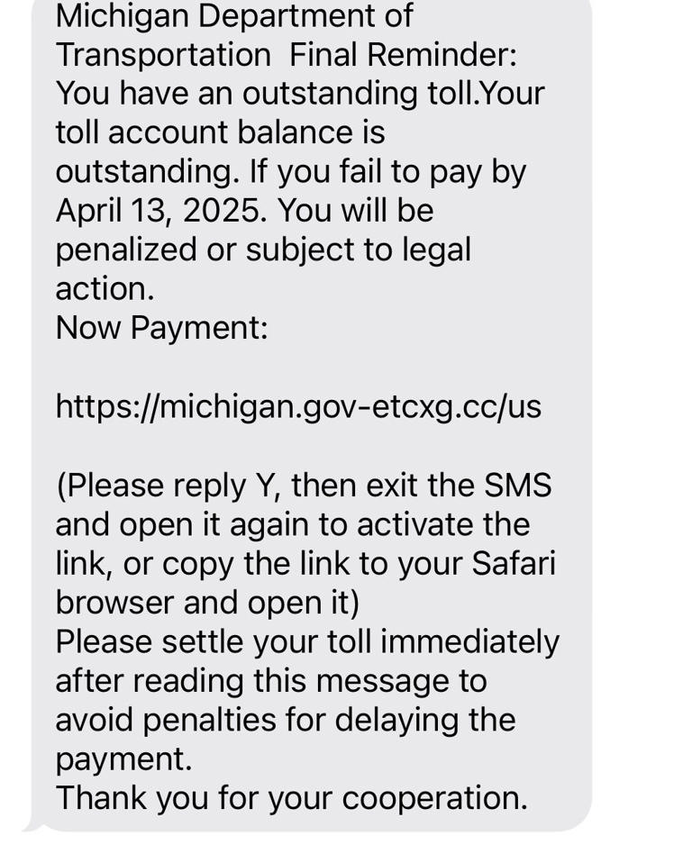 Michigan doesn't have toll roads, but text scam claims you have unpaid ...