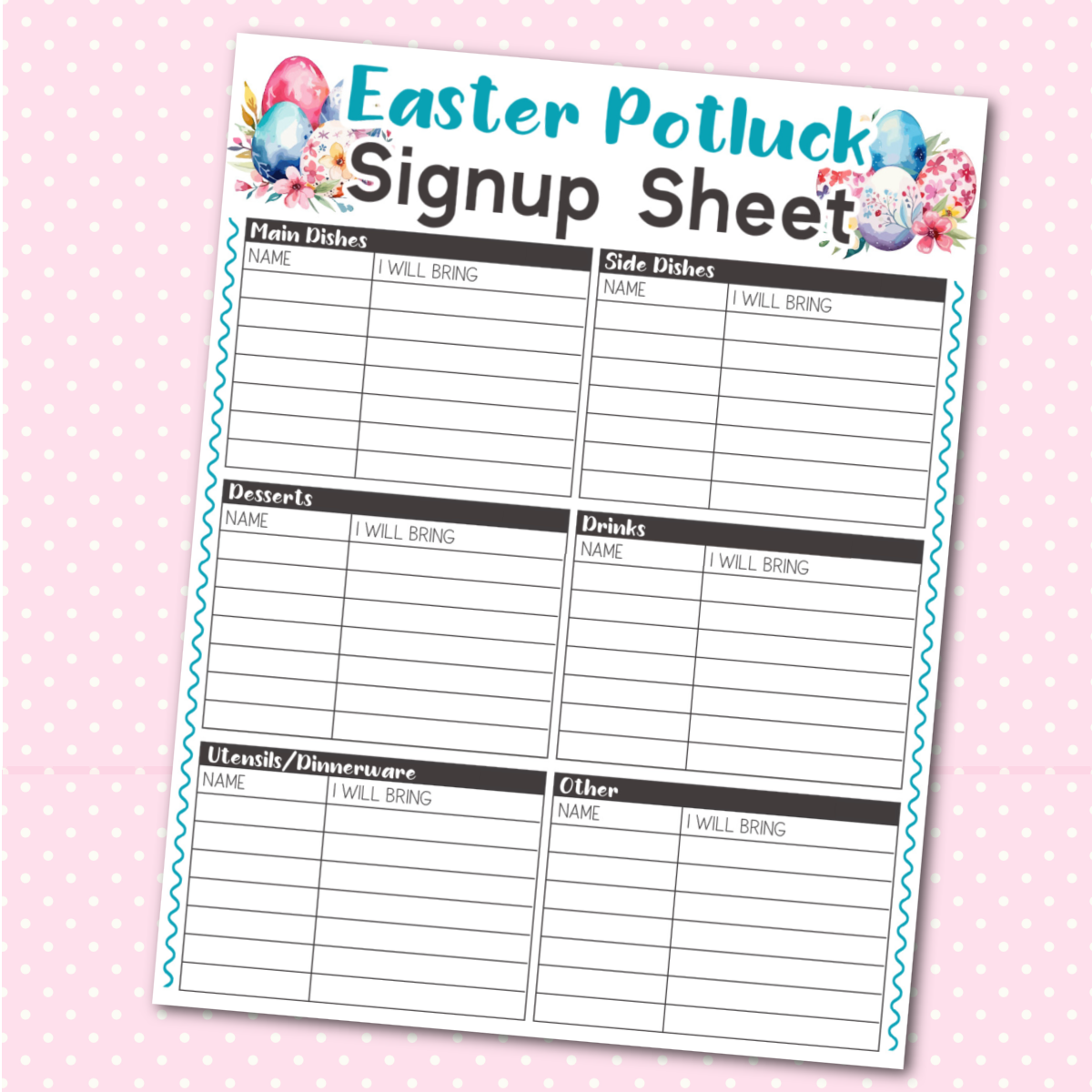 Easter Potluck Signup Sheet