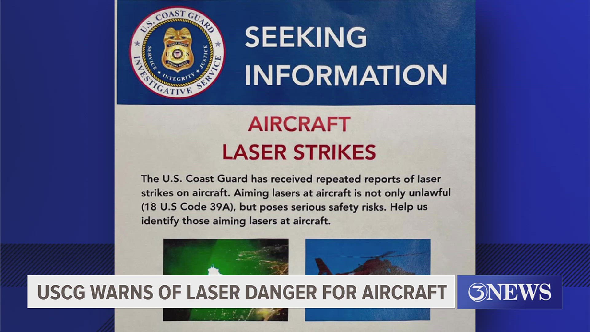 USCG warns of dangers aircraft laser strikes