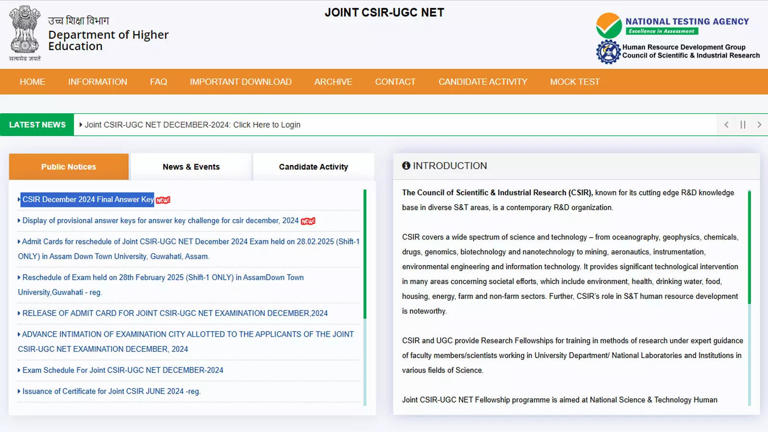CSIR December 2024 final answer key released on csirnet.nta.ac.in; download here
