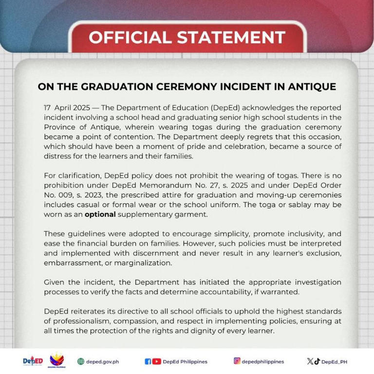 DepEd probes graduation attire incident in Antique
