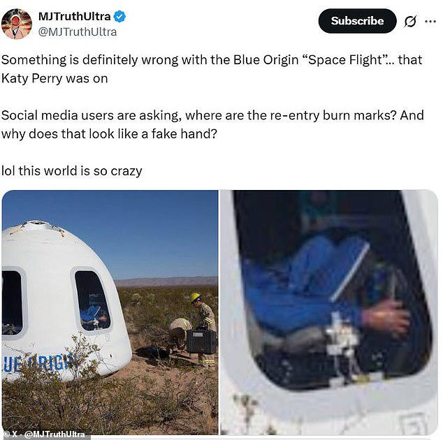 Conspiracy theorists spot fake HAND on Katy Perry's Blue Origin ship