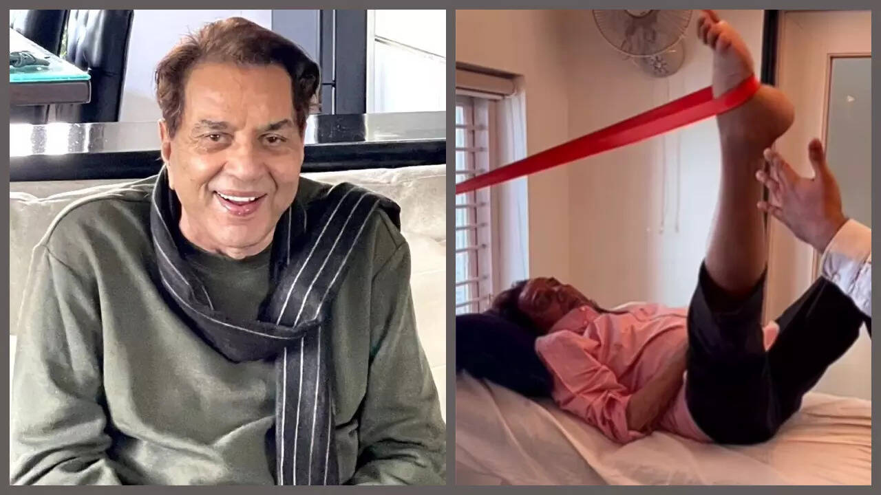 Dharmendra says 'working hard to be fit and fine' as he shares video from his physiotherapy ...