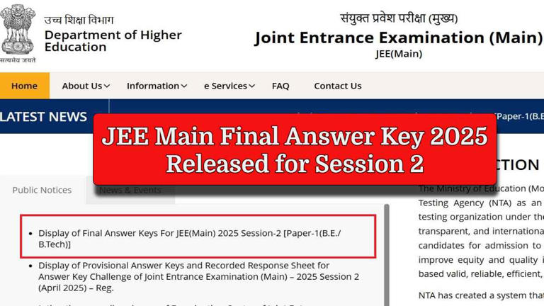 JEE Main Final Answer Key 2025 For Session 2 Released at jeemain.nta.nic.in; Direct Link Here