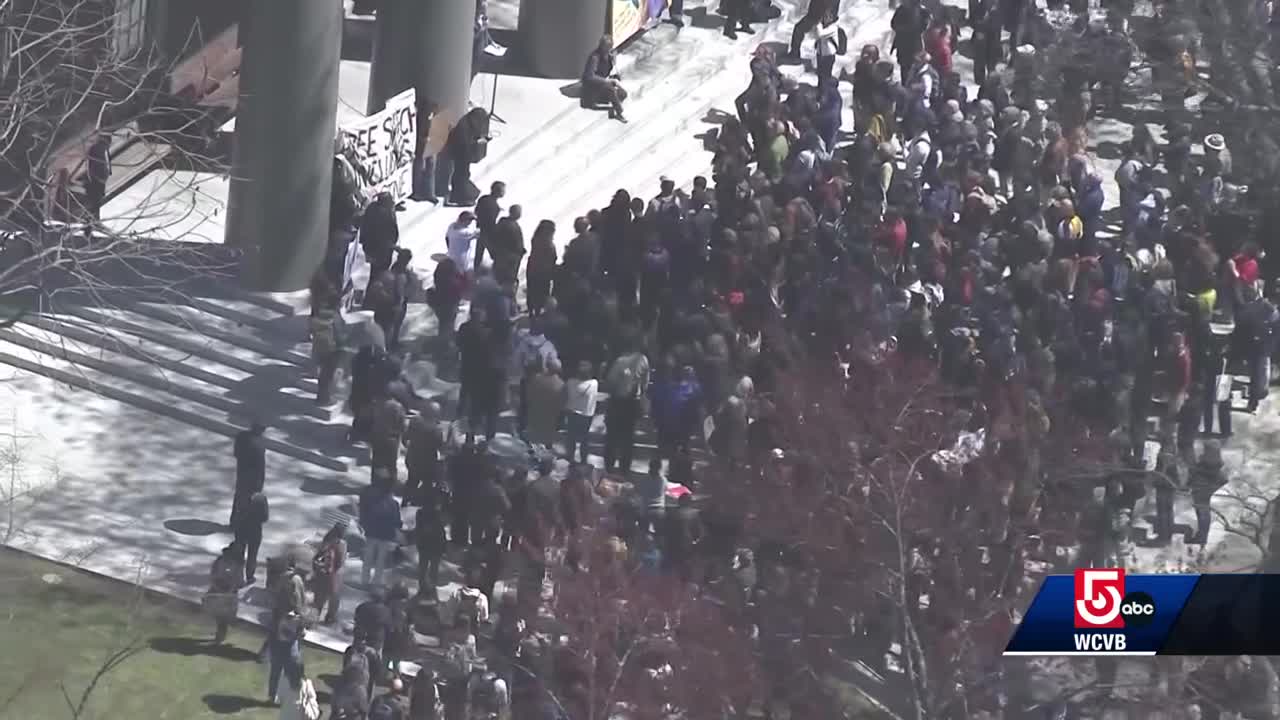 Protesters gather on Harvard University campus as battle with Trump ...