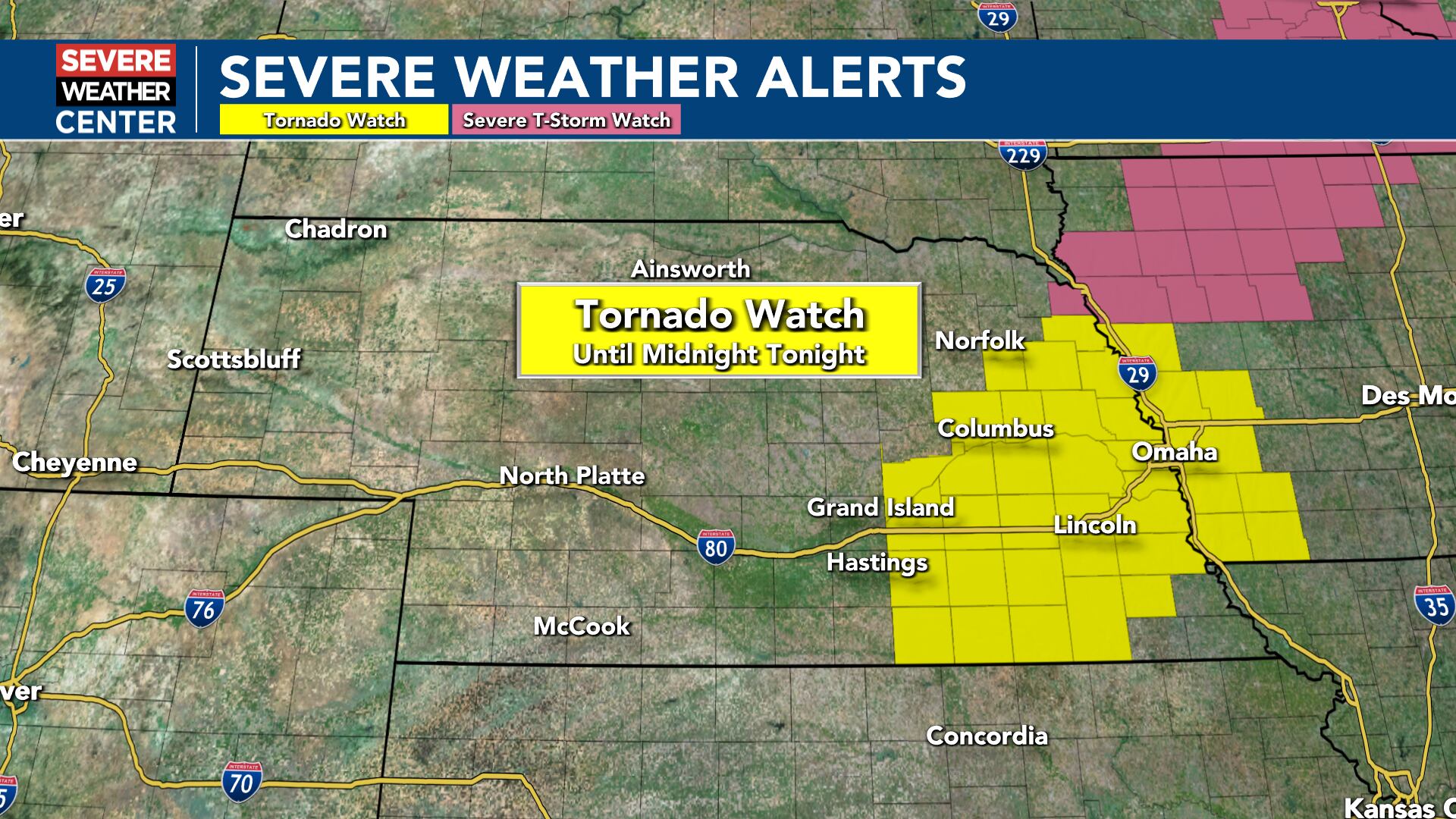 Tornado Watch in place for eastern Nebraska until midnight tonight