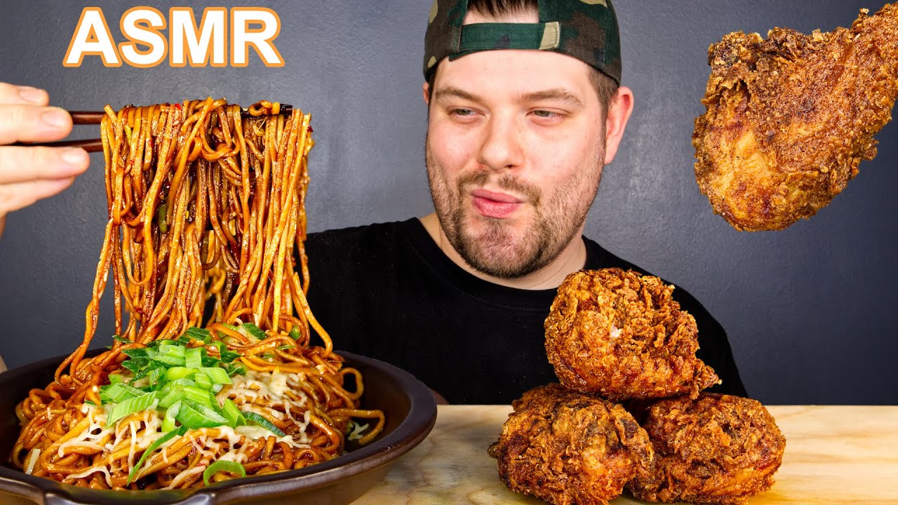 ASMR Fried Chicken & Cheesy Fried Noodles Mukbang – Crunch Meets Creamy