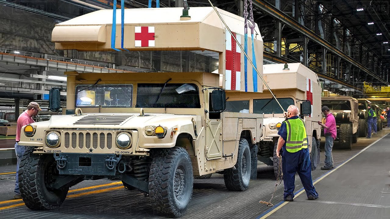 The process of upgrading thousands of US Army Humvees in a large factory