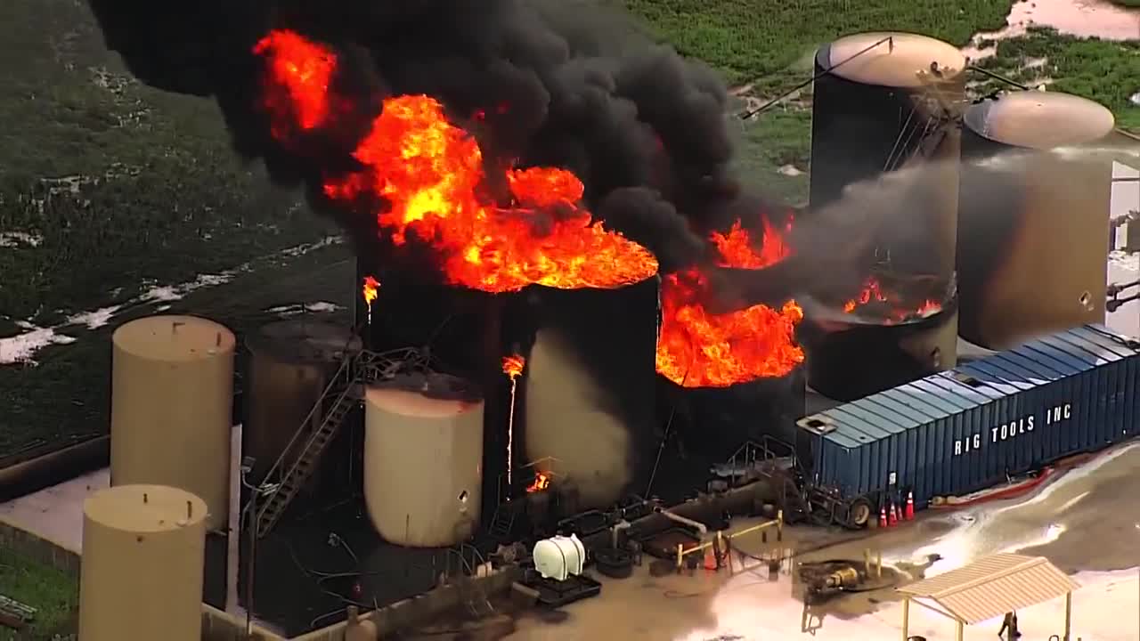 WATCH: Crews battle large oil tank fire in Amber