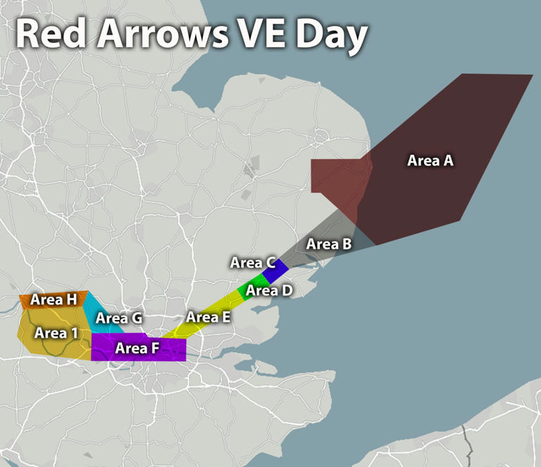 Map shows likely Red Arrows flypast route on VE Day 2025