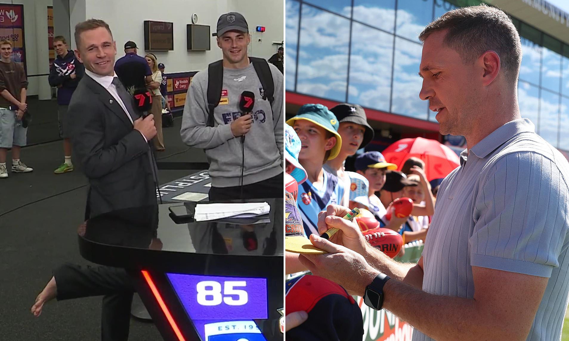 Fremantle captain comes to the rescue after Joel Selwood's major wardrobe malfunction