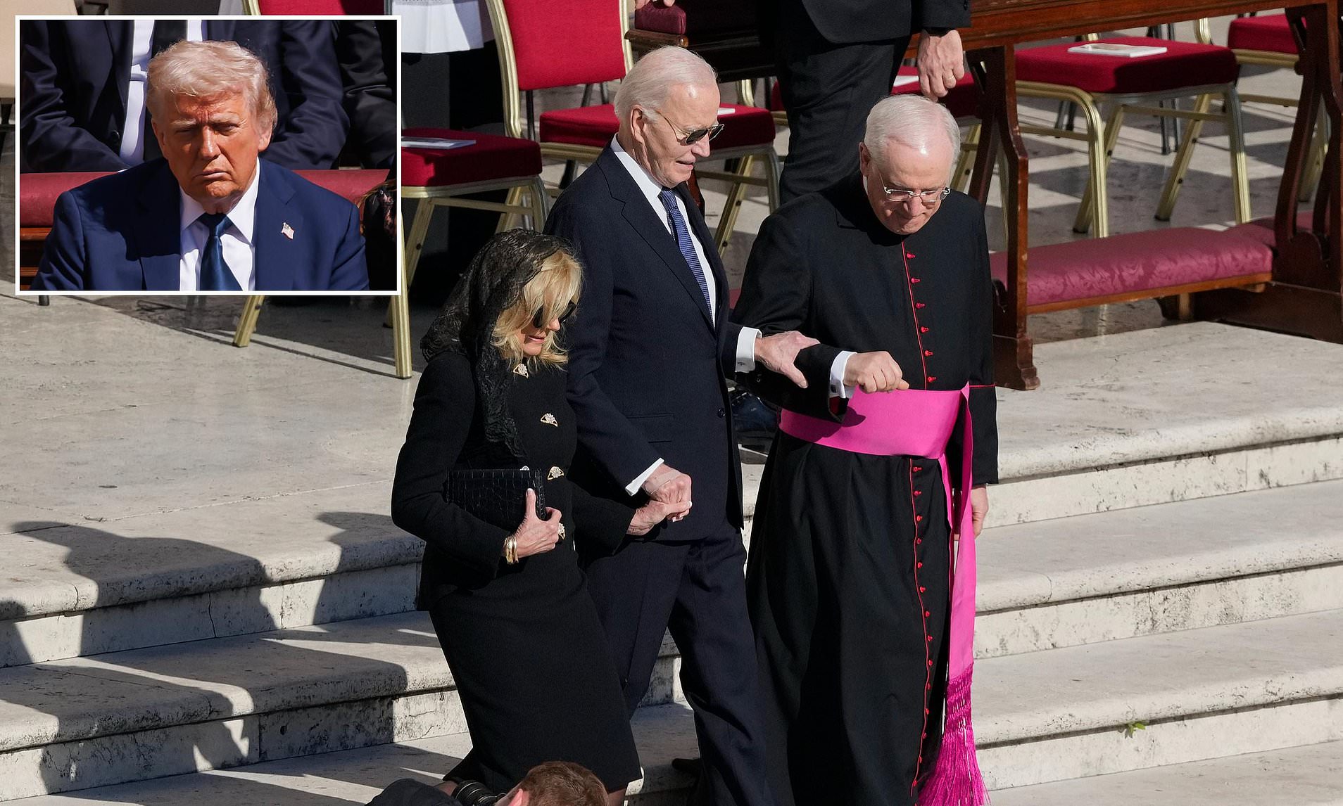 Biden looks frail at Pope Francis' funeral as he tightly grips onto ...