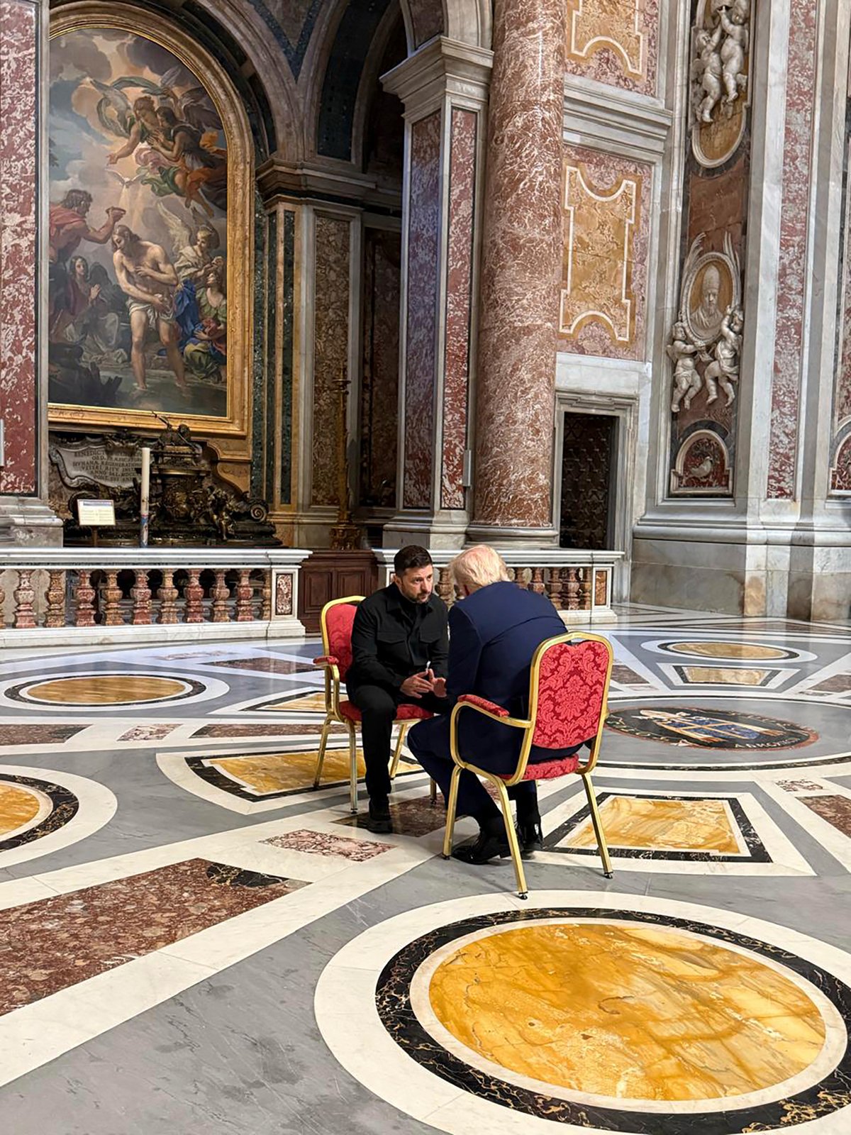 Pictured: Trump and Zelensky in tense face-to-face meeting at St Peter’s Basilica before Pope's ...