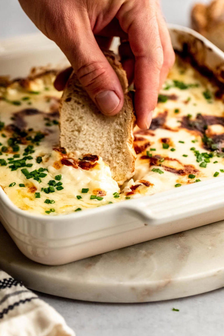3 ingredient hot onion dip that bakes up fast