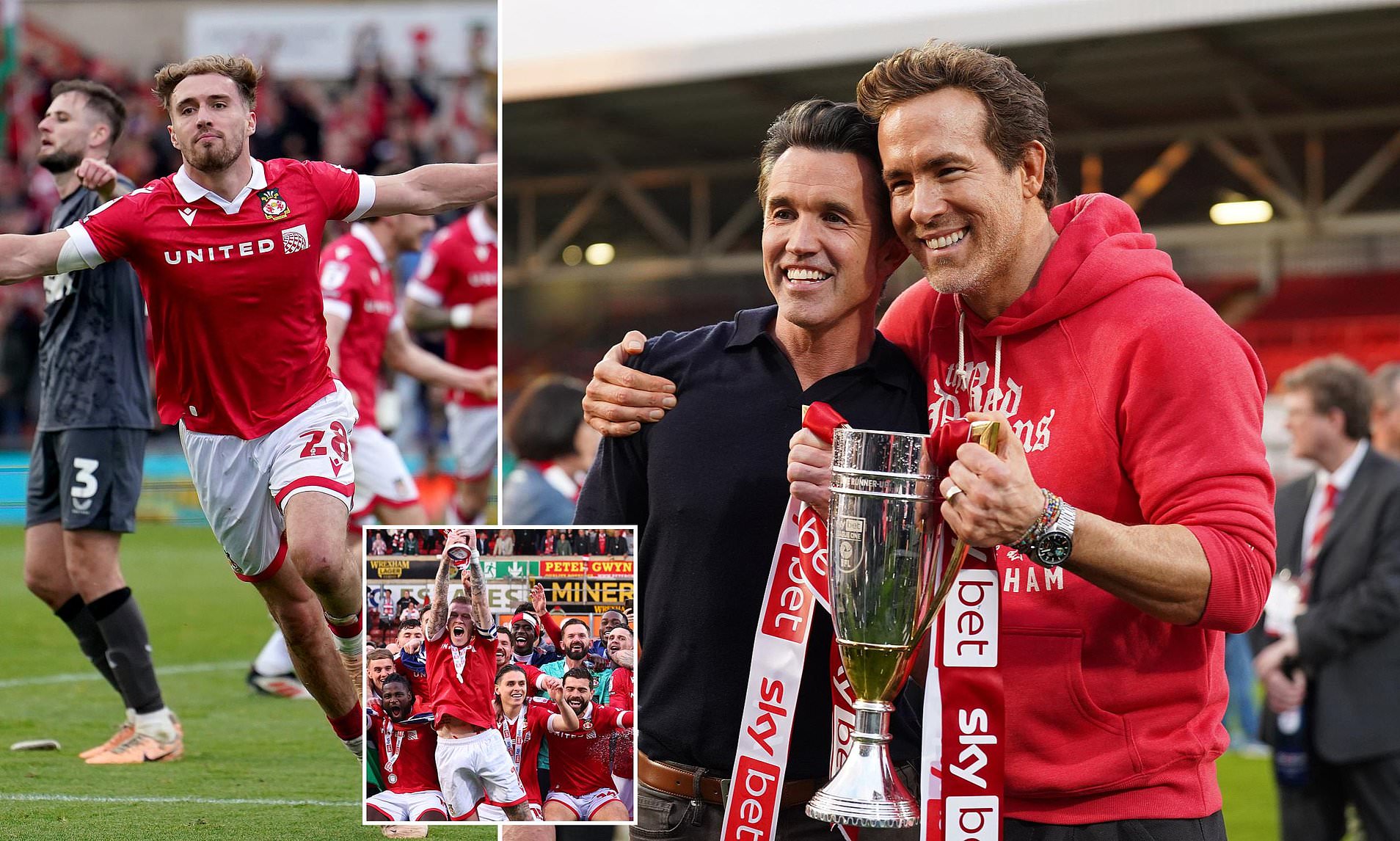 Ryan Reynolds and Rob McElhenney react to Wrexham's promotion to the Championship - as victory ...