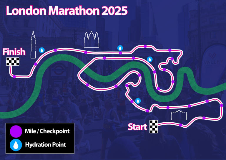 Map shows London Marathon route map and road closures for 2025