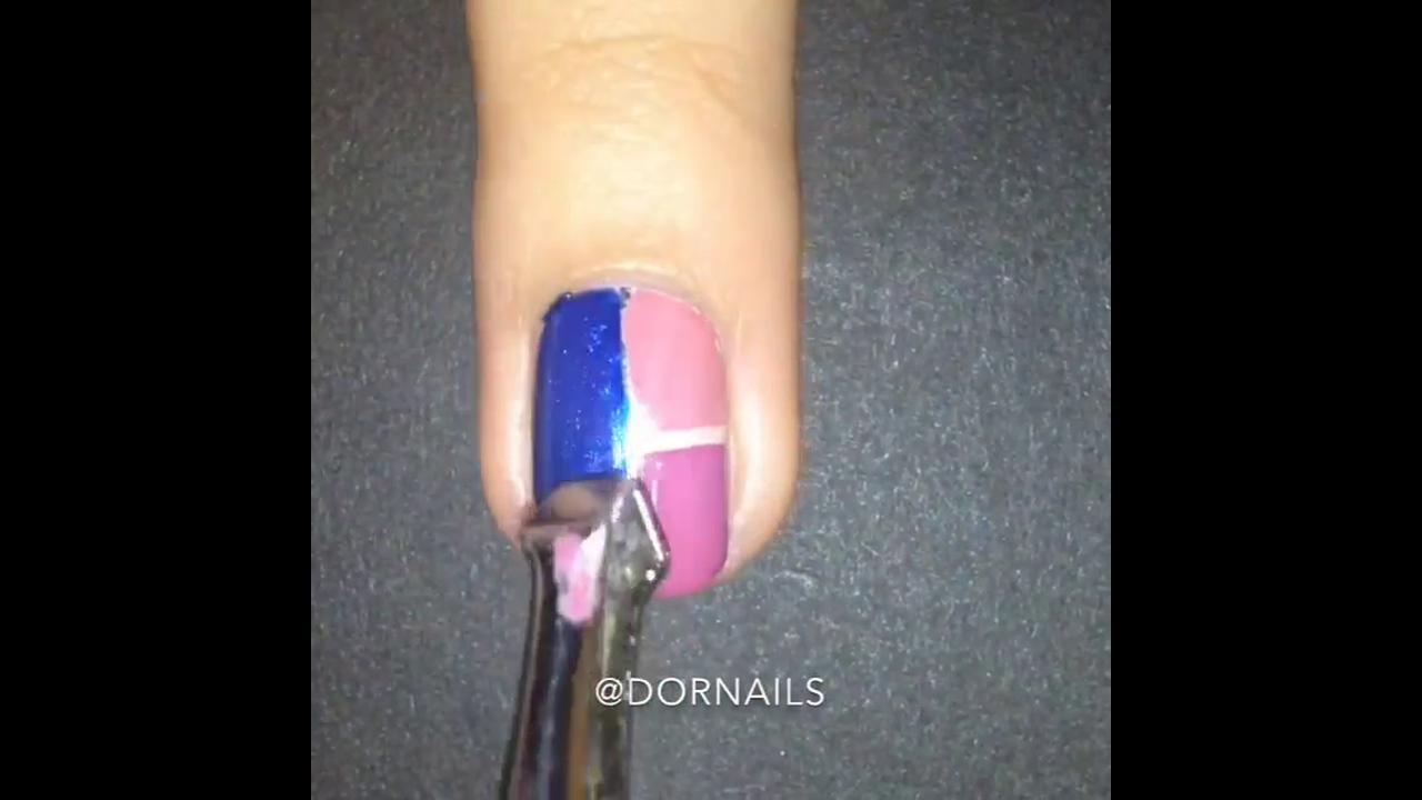 Satisfying Blue Pink Color Grid Nail Art