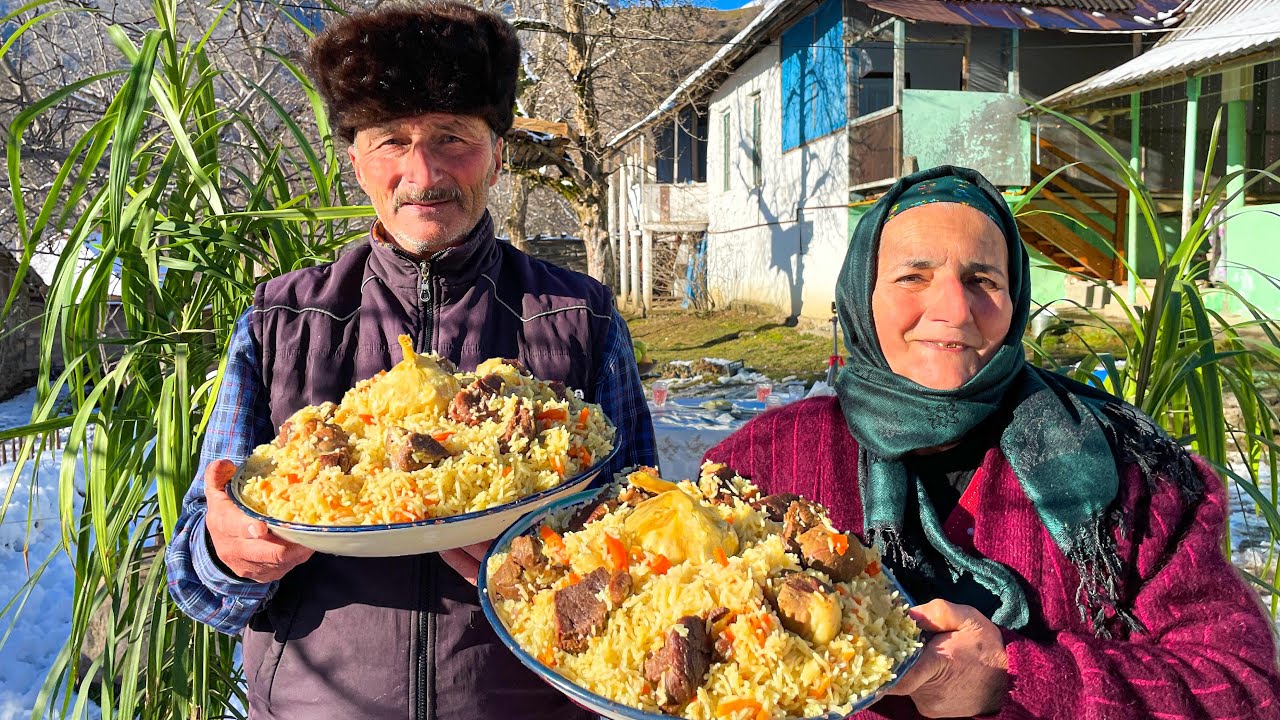 Cooking traditional Uzbek pilaf in the mountains