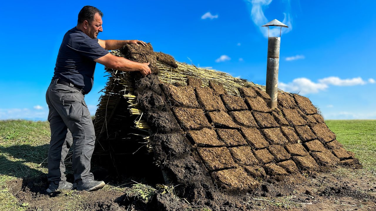 Traditional clay house building in nature - lamb dinner in the wild