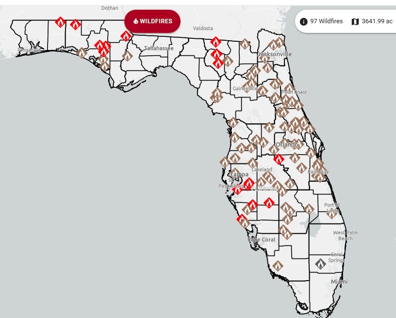 Almost 100 wildfires burning in Florida as drought worsens. Map shows ...