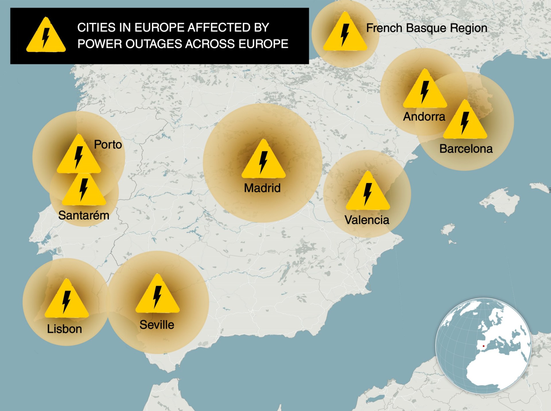 Map shows cities hit by power outage across Spain and Portugal