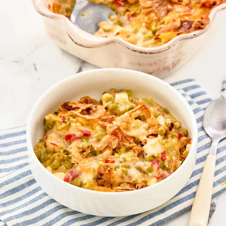 Grandma's Vintage Pea Casserole with Crispy Onion Topping