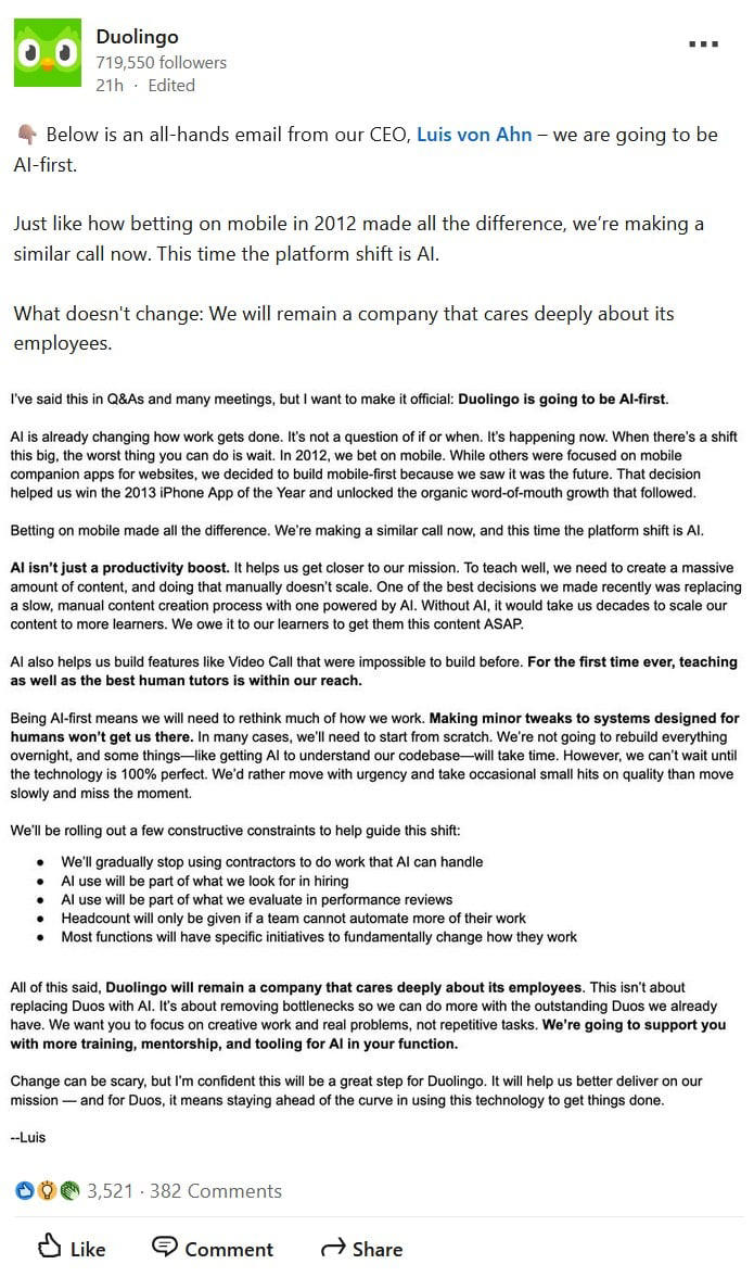 Duolingo Plans to Replace Contract Workers with AI