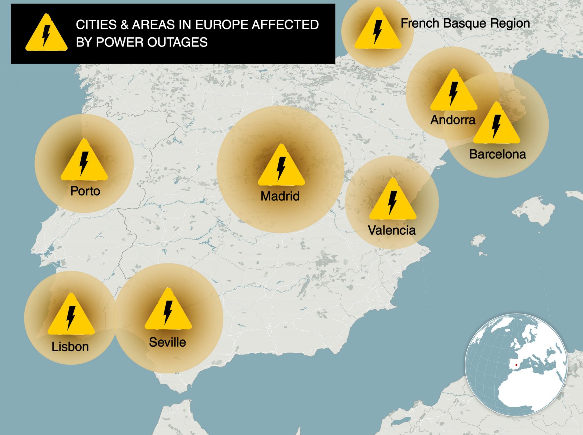 Map reveals cities affected by the power outages in Spain and Portugal