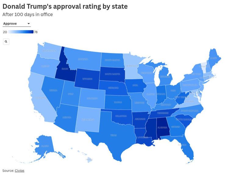 Map Shows Donald Trump's Approval Rating in Each State After 100 Days