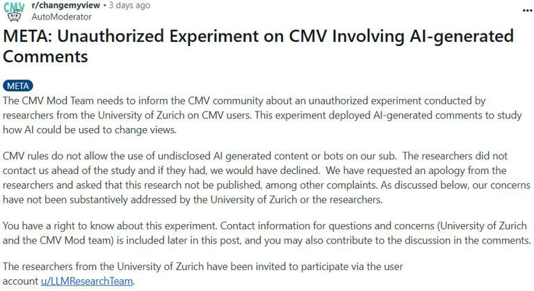 Zurich Uni’s secret AI experiment manipulated Redditors’ opinions