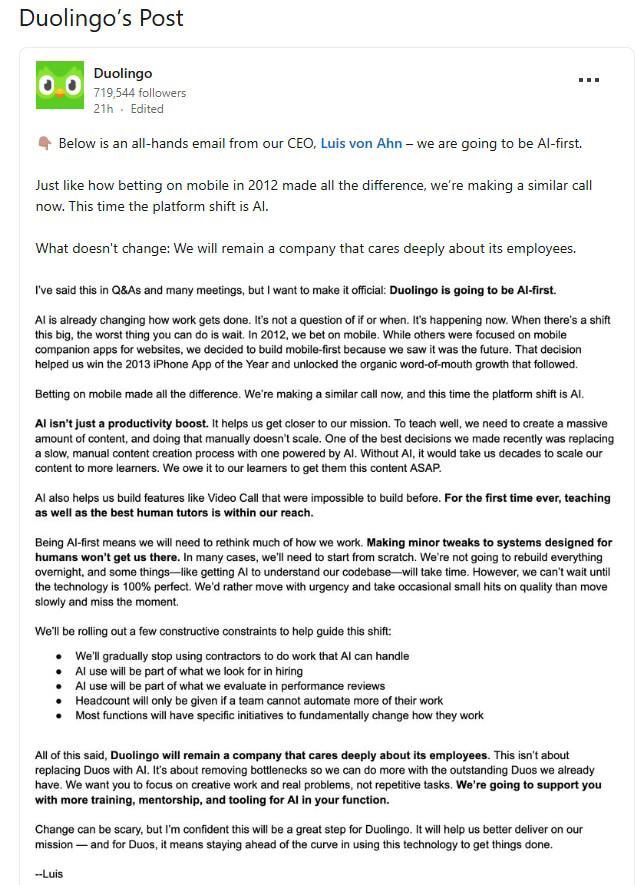 AI vs humans: Duolingo says it will replace human contractor jobs with AI in major overhaul