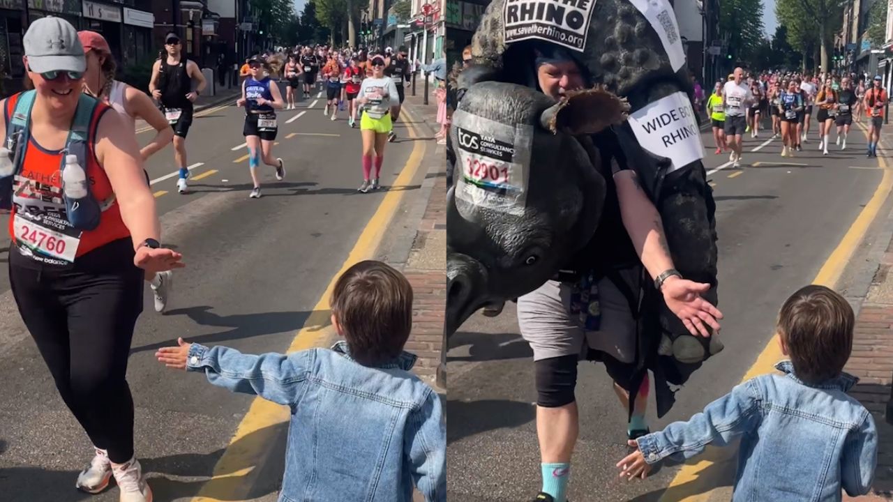 Cute clip shows little boy high-fiving London Marathon runners