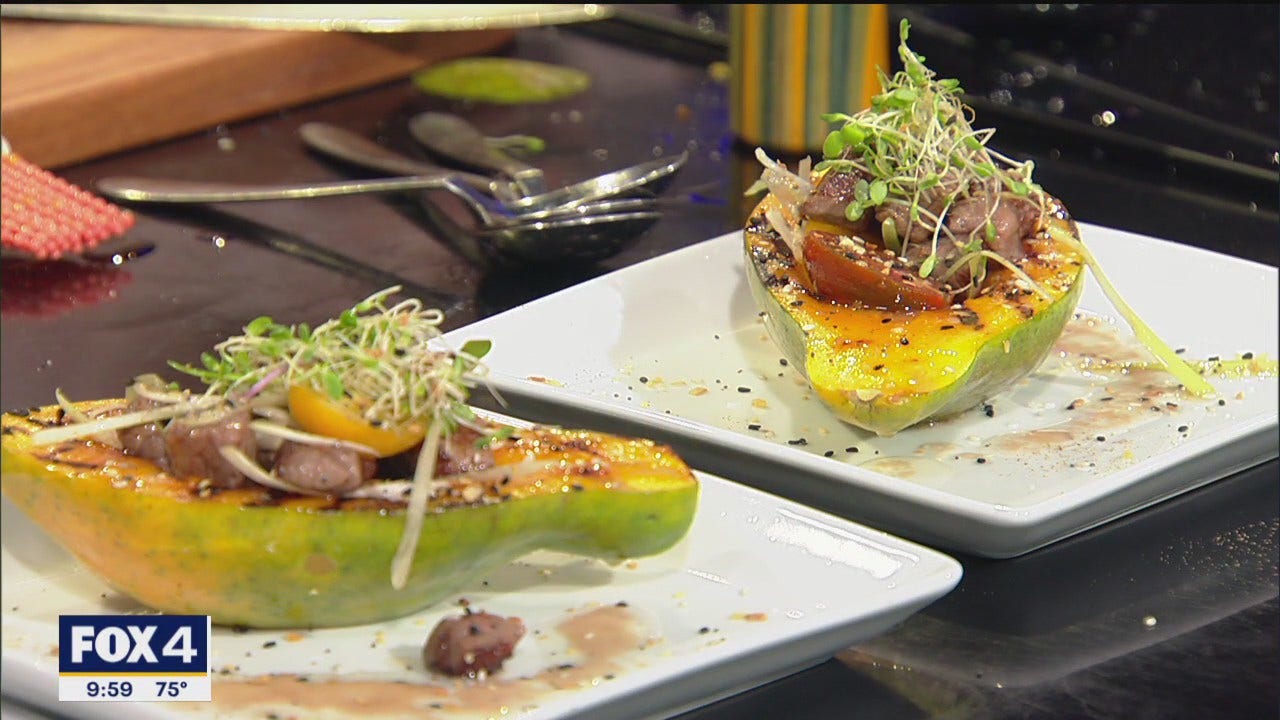 Grilled papaya and seared beef tenderloin recipe