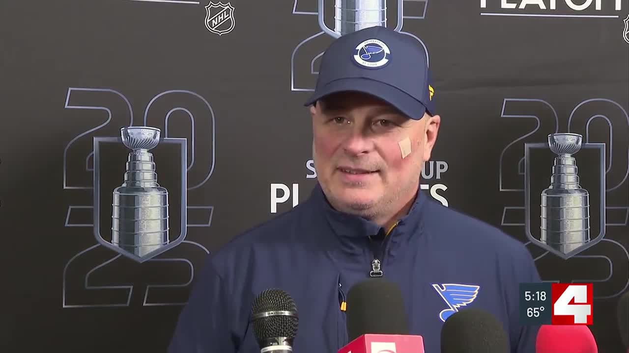 St. Louis Blues coach hit by puck during drill