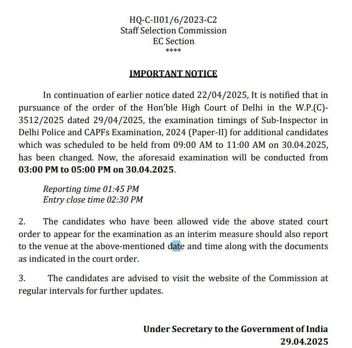 SSC CPO Paper 2 Exam Timings 2025 Changed for April 30 Exam: Check New ...
