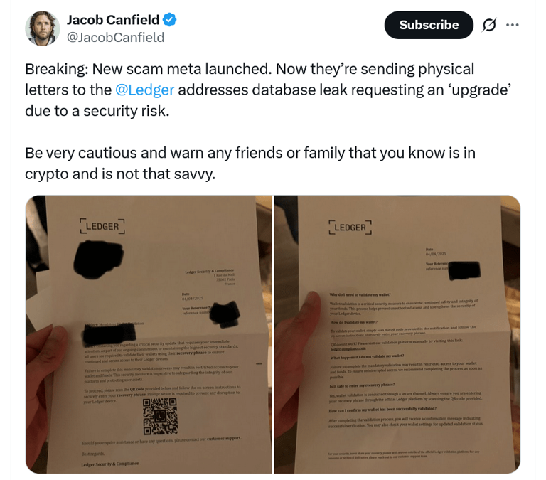 Ledger scammers are sending letters to steal seed phrases