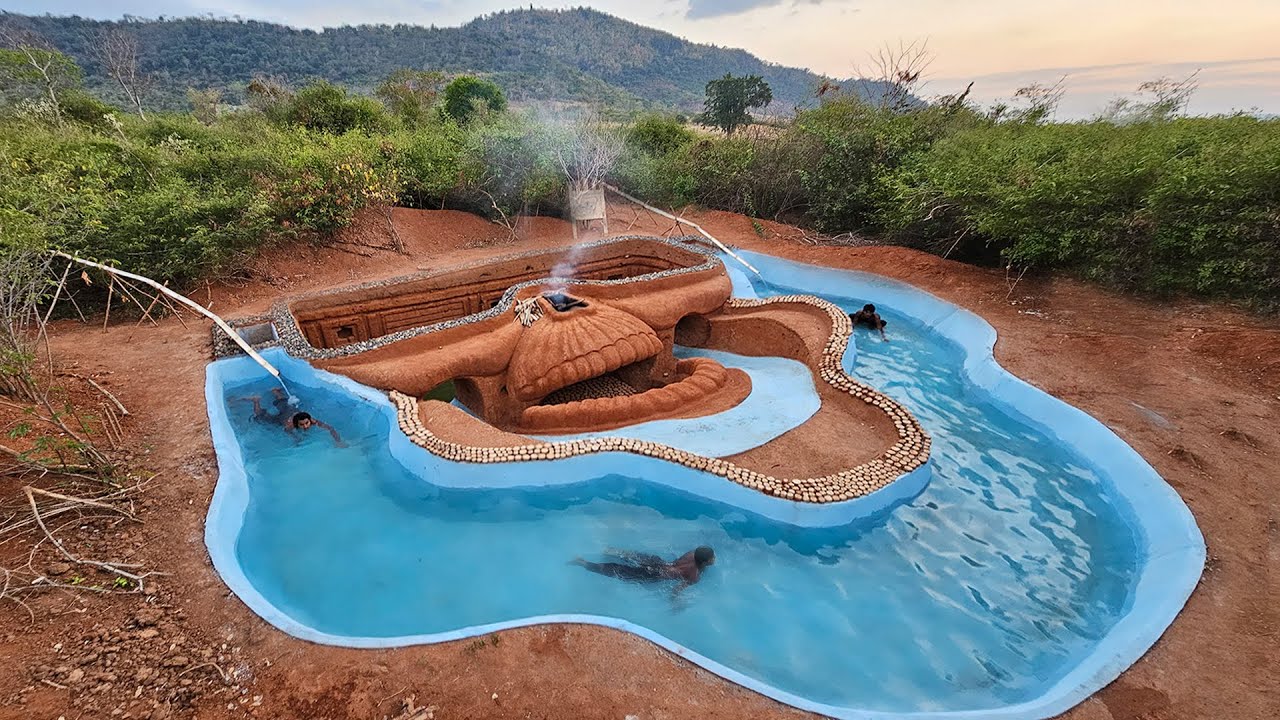 Haunted haven: underground pool & waterslide around a ghost house!