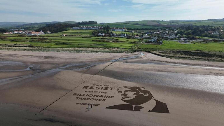 Donald Trump protest art created on beach near Turnberry golf resort