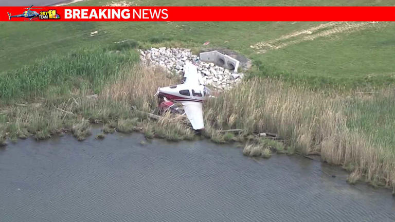 Small plane slides from runway onto shoreline