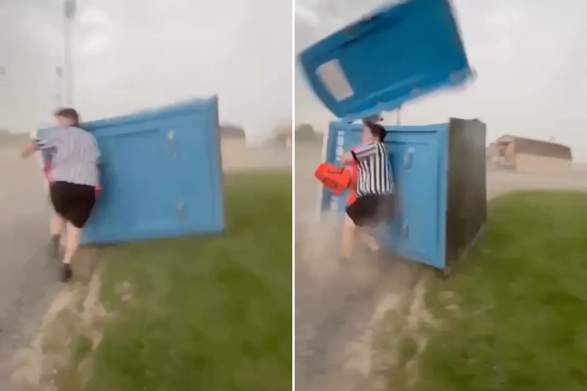 Wild video shows porta-potty fly through air and slam into referee ...